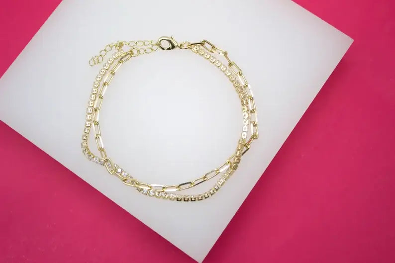 18K Gold Filled Stacked Paperclip Chain CZ Stones Bracelet | Janine Design